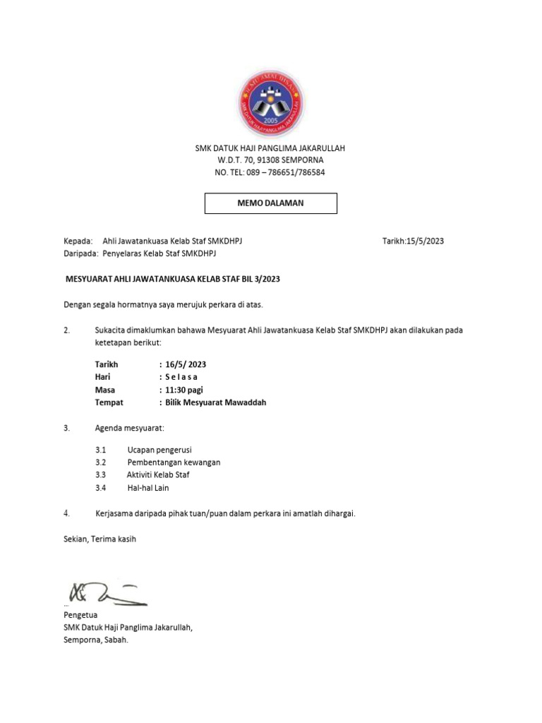 Memo Mesyuarat Kelab Staf Bil. 3 May 2023 | PDF