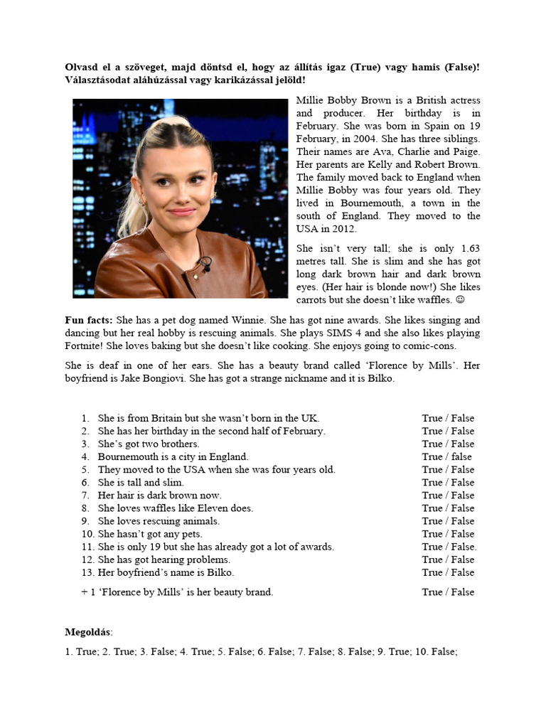 A1 Reading Millie Bobby Brown | PDF