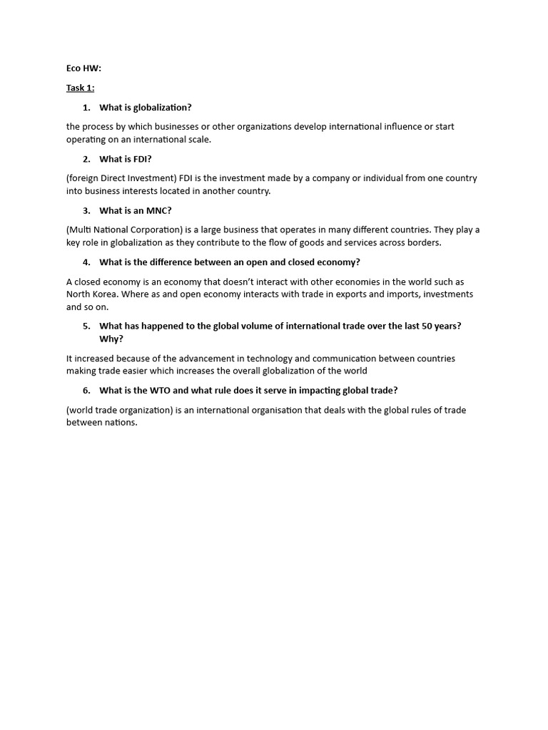 Eco HW (Globalization) | PDF | Globalization | Multinational Corporation