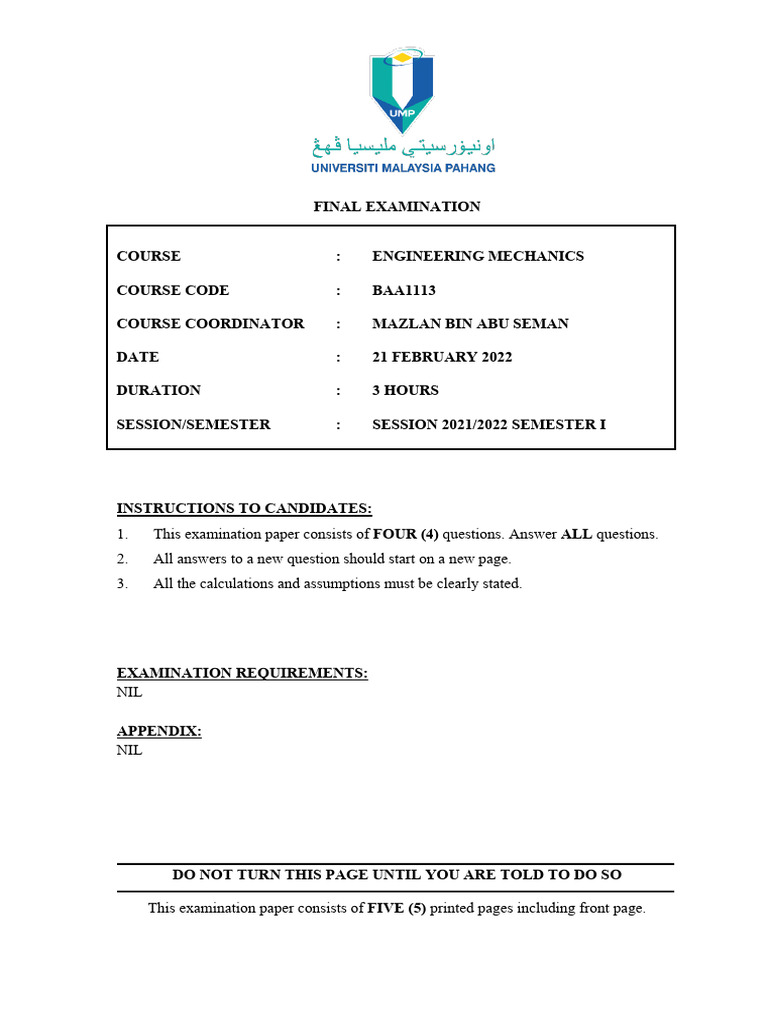 FINAL EXAM BAA 1113 Sem 2122 I | PDF | Motion (Physics) | Physics