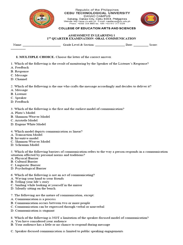 Questionnaires-Grace Test Paper | PDF | Communication | Nonverbal ...