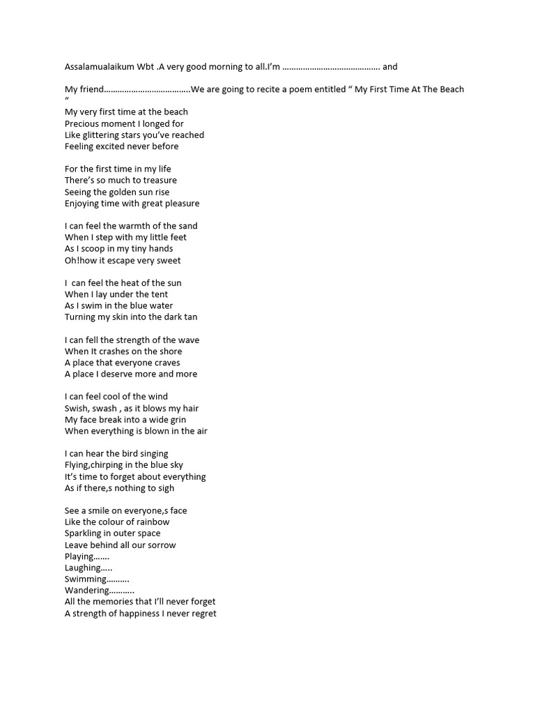 Poem My First Time at The Beach | PDF