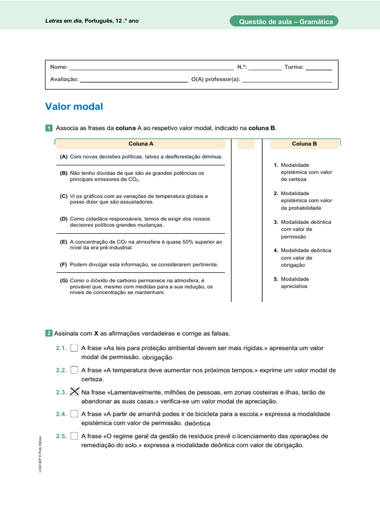 Exercicios Gramatica Valor Modal 2 | PDF | Dióxido de carbono | Geociências