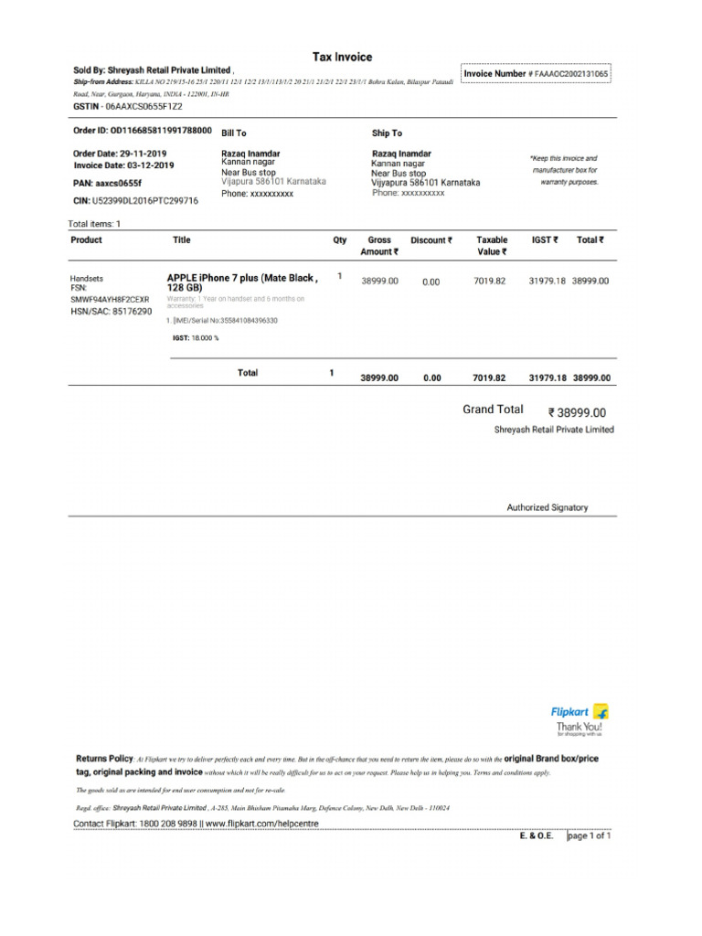 Invoice Iphone 7 Plus | PDF
