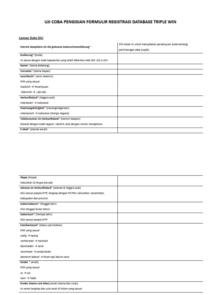 Formulir Uji Coba Pengisian TW Database Untuk Peserta | PDF