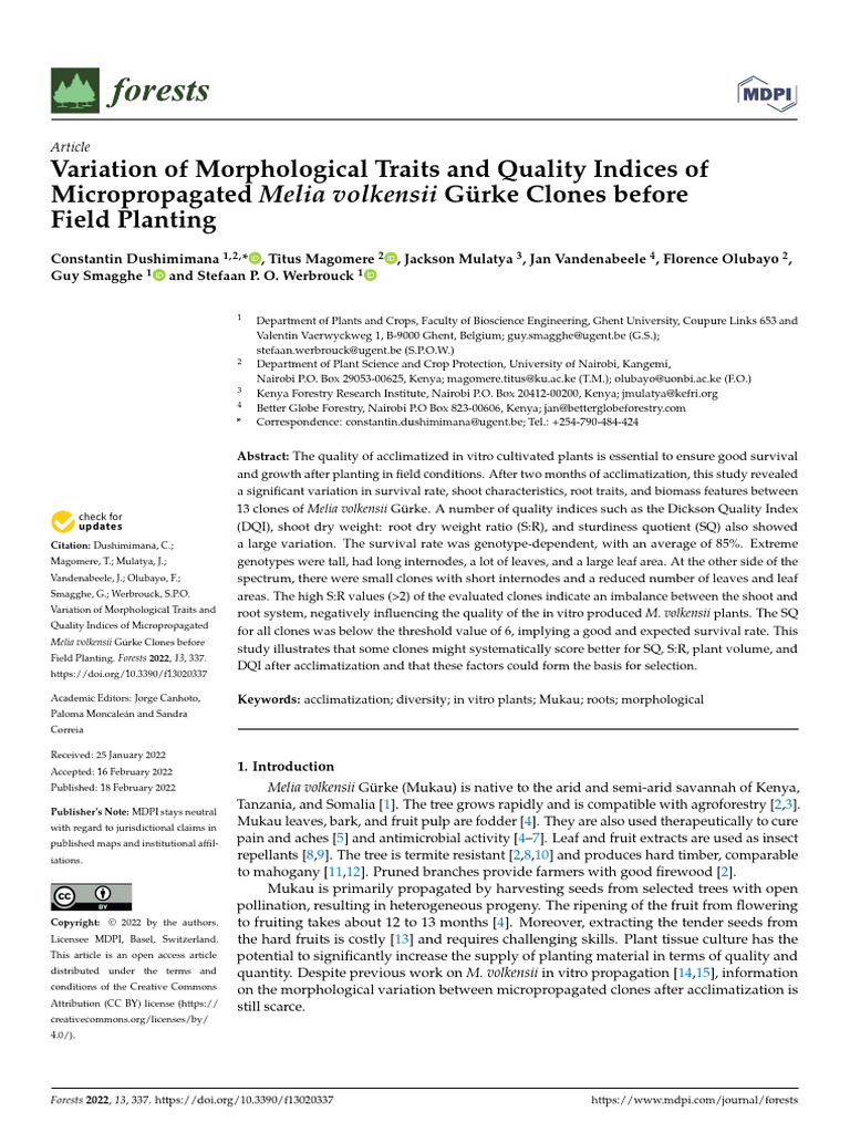 Variation of Morphological Traits and Quality Indices of ...