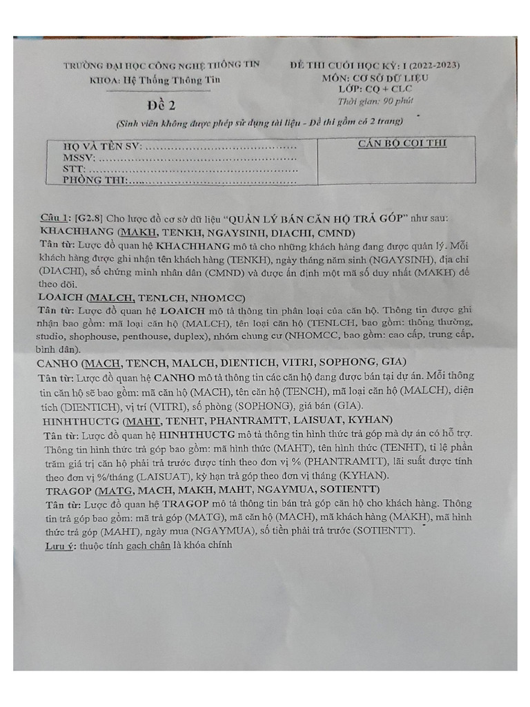 (BHTCNPM) Đề thi CSDL cuối kỳ I 22-23 | PDF