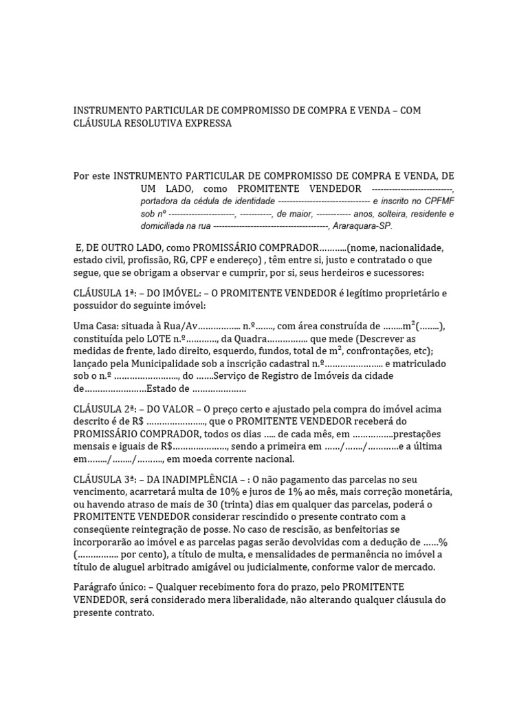Contrato De Compromisso De Compra E Venda Corretor Imóveis Pdf