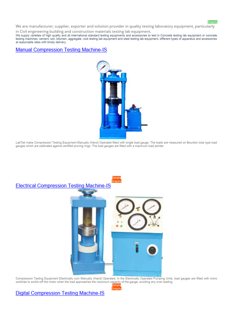 Concrete Testing Lab Equipment: Manual Compression Testing Machine-IS | PDF