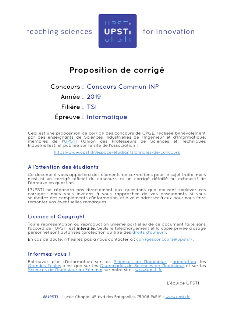 UPSTI Corrige CCINP TSI Info 2019 SecurisationEntreePersonnel | PDF