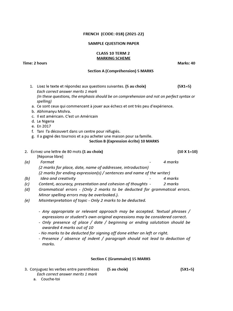 CBSE Class 10 French-QP and MS | PDF | Échecs | Linguistique