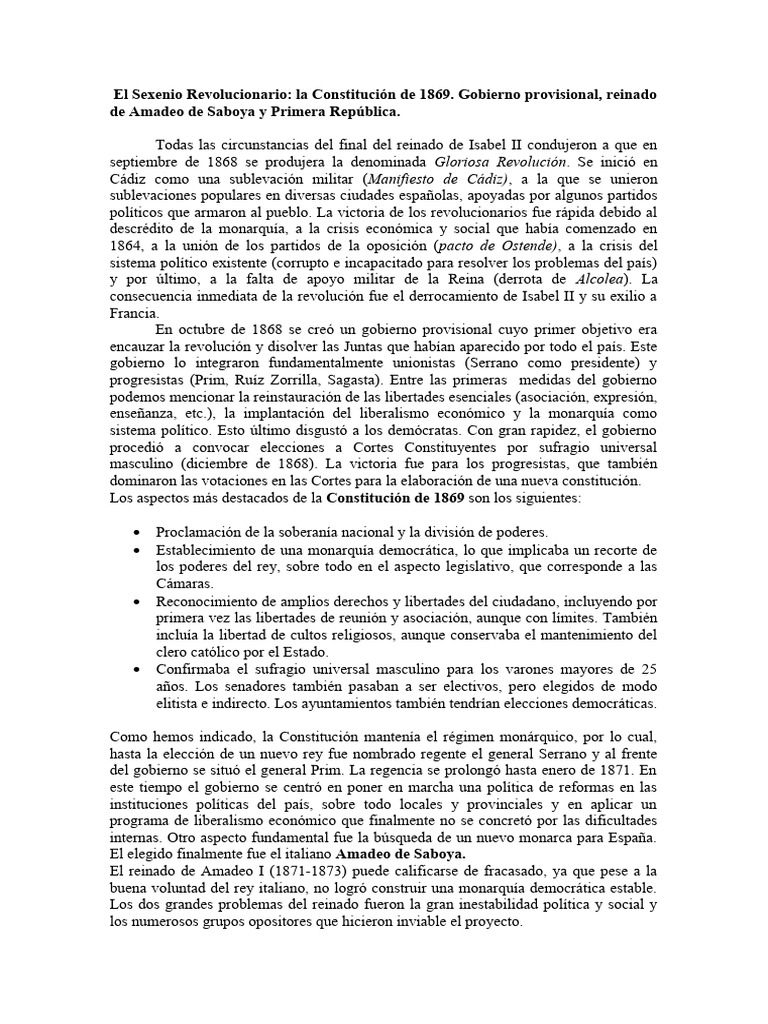 El Sexenio Revolucionario. La Constitución de 1869. Gobierno ... El Sexenio Revolucionario. La Constitución de 1869. Gobierno ...