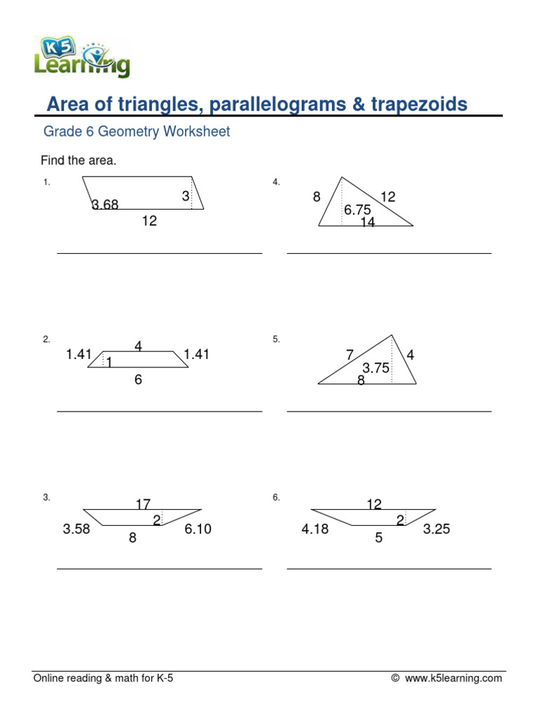 Grade 6 Area of Triangles Parallelograms Trapezoids D | PDF
