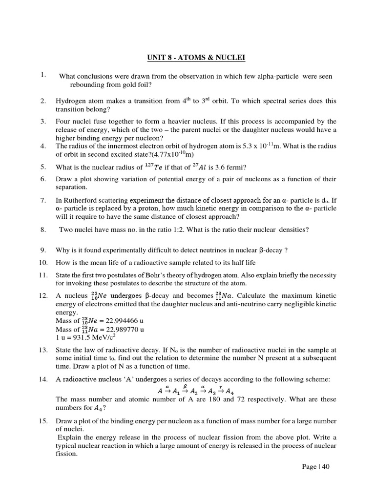 Important Questions on Atoms & Nuclei | PDF | Atoms | Atomic Nucleus