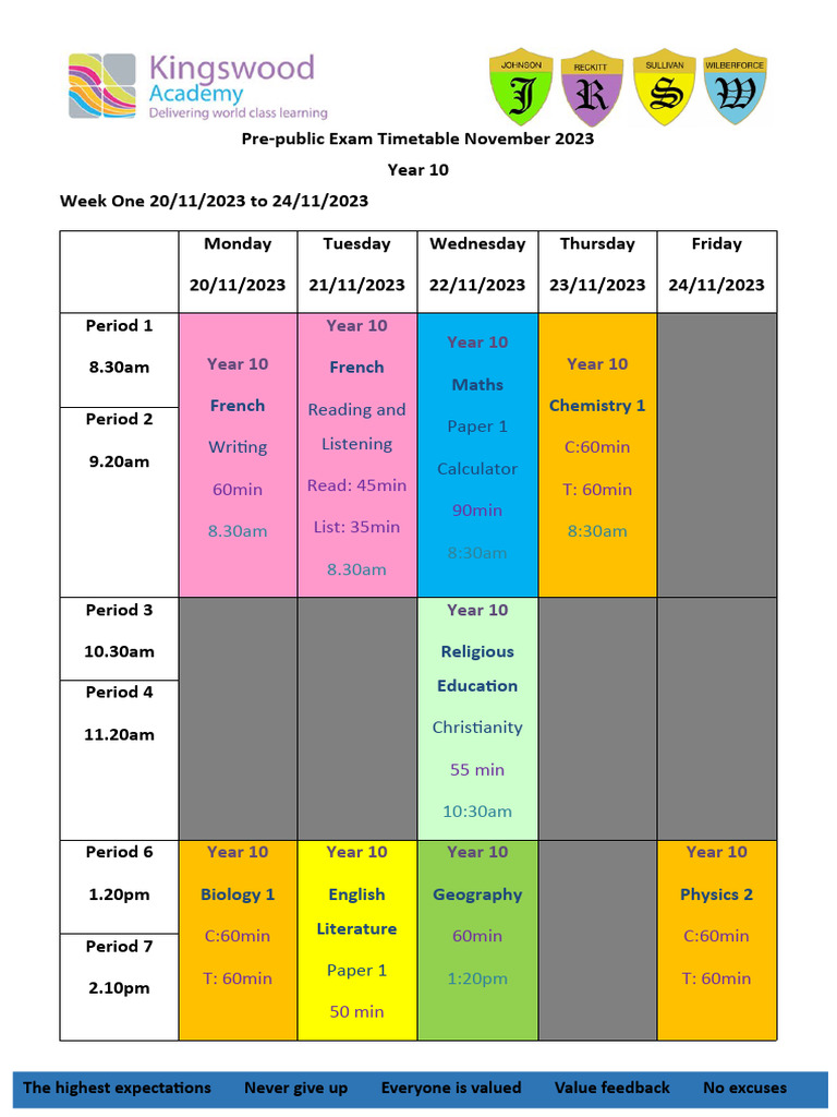 Nov Series PPE Timetable 2023 Year 10 | PDF