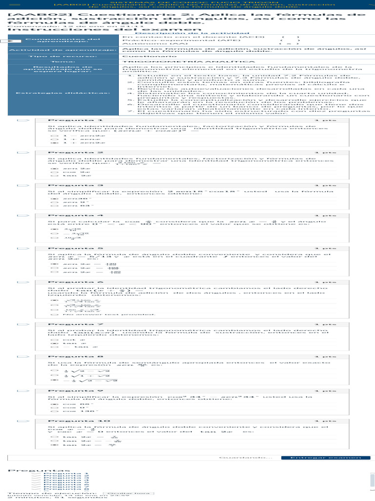 Examen - (AAB02) Cuestionario 2 - Aplica Las Fórmulas de Adición, Sustracción de Ángulos, Así ...