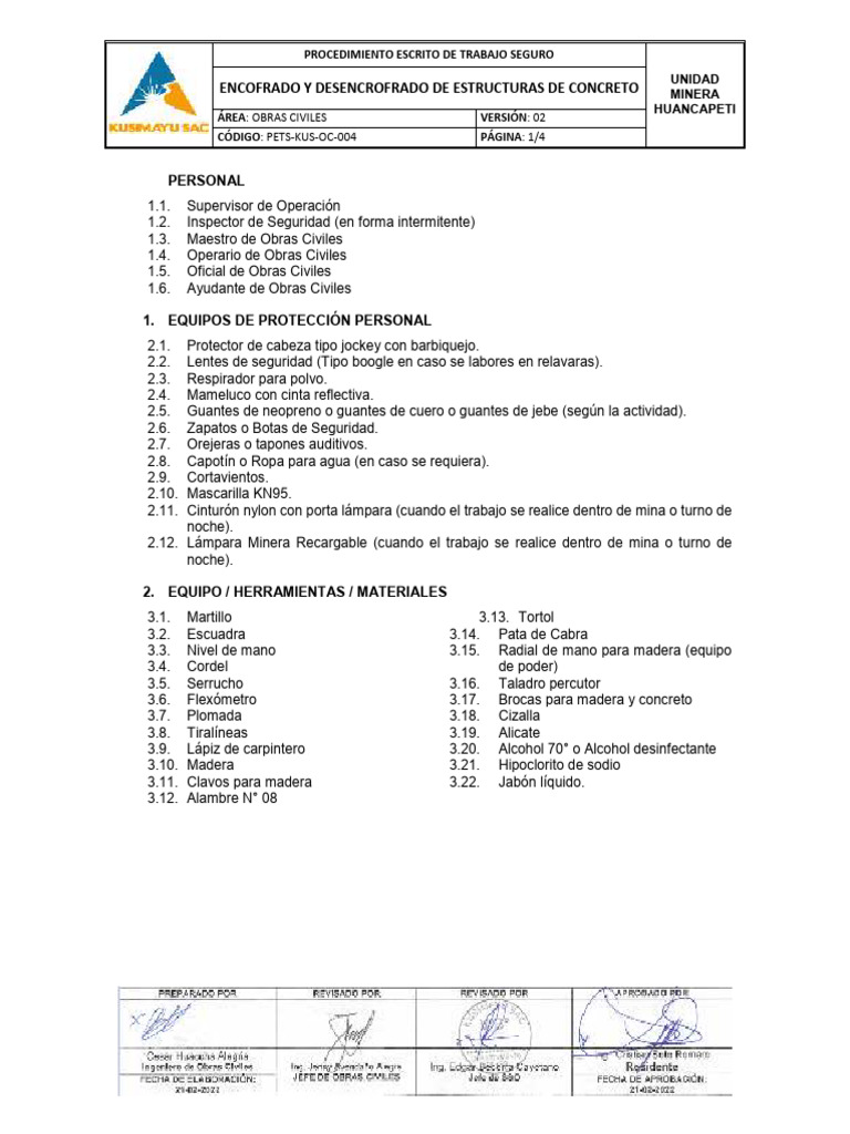 Pets-Kus-Oc-004 Encofrado y Desencofrado de Estructuras de Concreto | PDF | Hormigón | Naturaleza