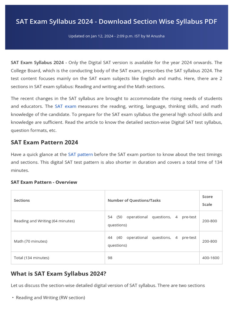 SAT Exam Syllabus 2024 Overview PDF | PDF | Sat | Equations