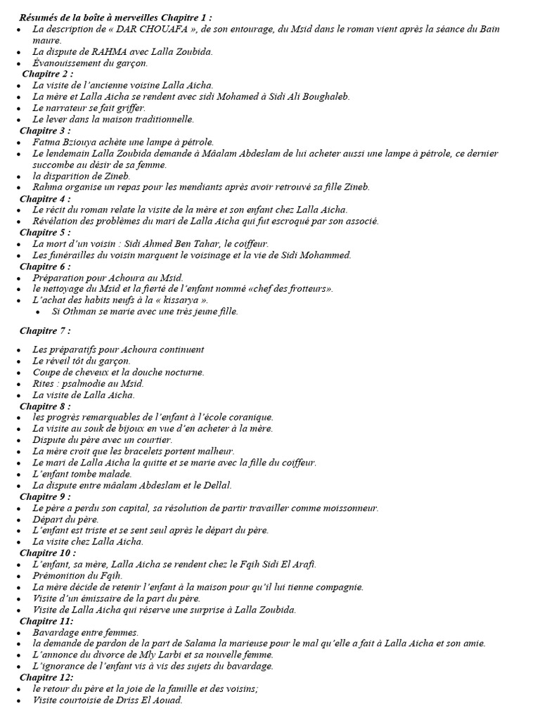 Résumés des chapitres de la Boîte à merveilles | PDF