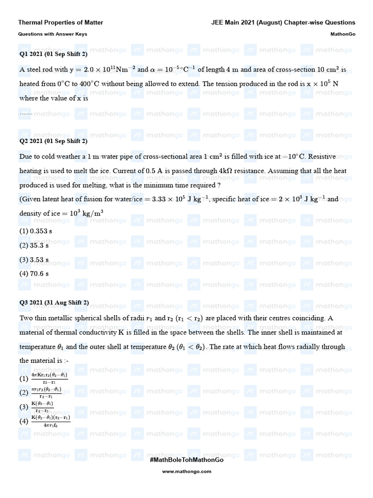 Thermal Properties of Matter: JEE 2021 PYQs | PDF | Ice | Materials Science