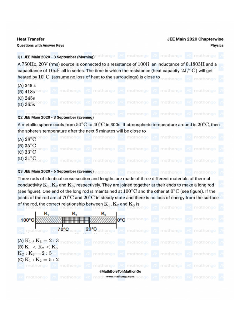 Heat Transfer Questions Jee Main 2020 Chapterwise Question Bank ...