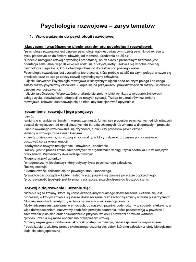 Psychologia Rozwojowa - Zarys Tematów | PDF