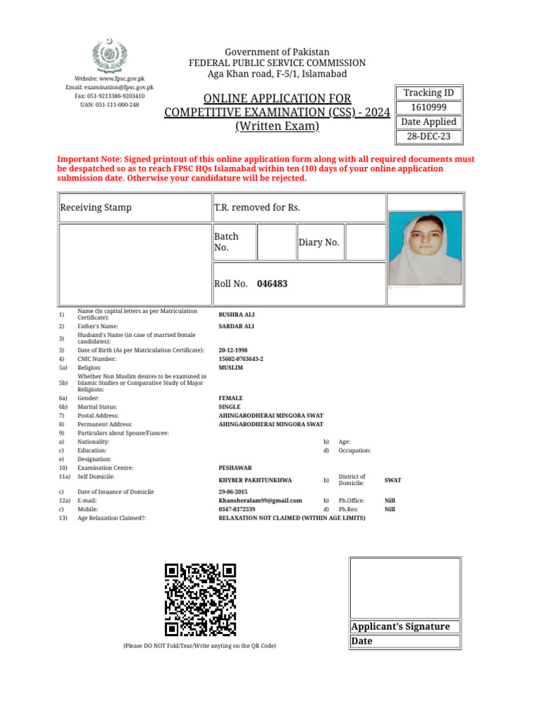 CSS 2024 Written Exam Application Form | PDF