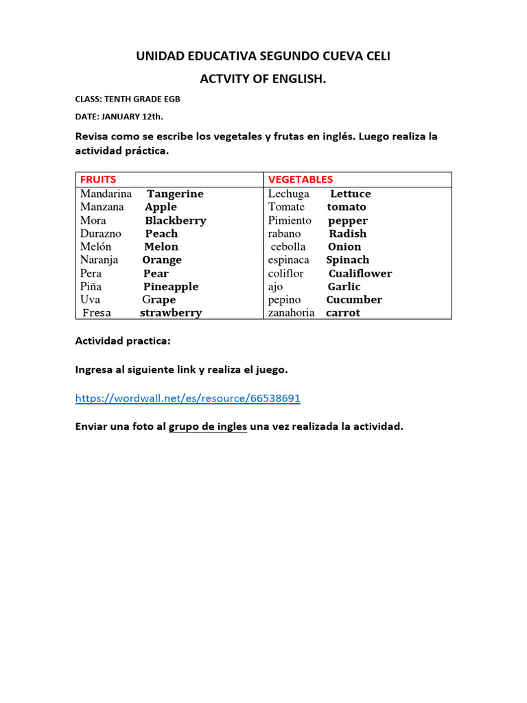 ACTIVIDAD DE INGLES 10MO EGB-1 | PDF