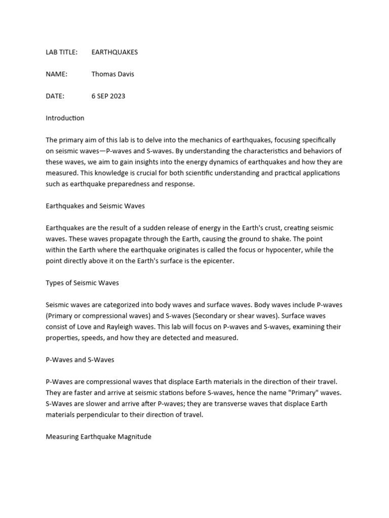Thomas Davis - Earth Quakes - ES117 LAB 2 REPORT | PDF | Earthquakes ... Thomas Davis - Earth Quakes - ES117 LAB 2 REPORT | PDF | Earthquakes ...