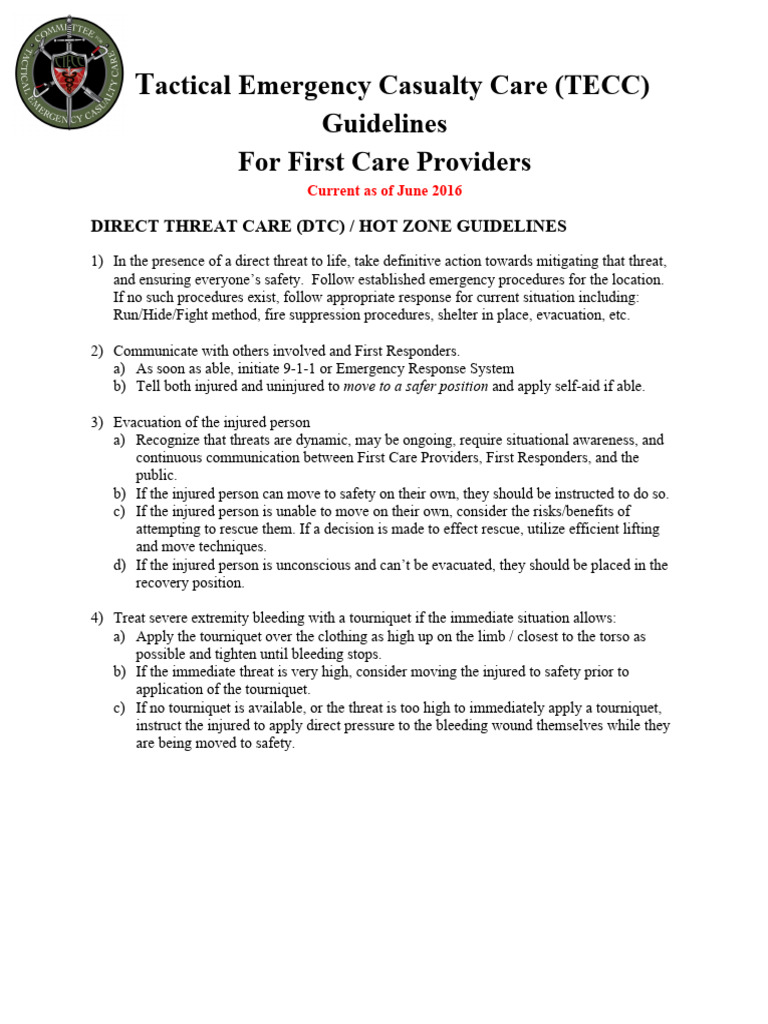 TECC Guidelines For First Care Providers June 2016 | PDF | Bleeding ...