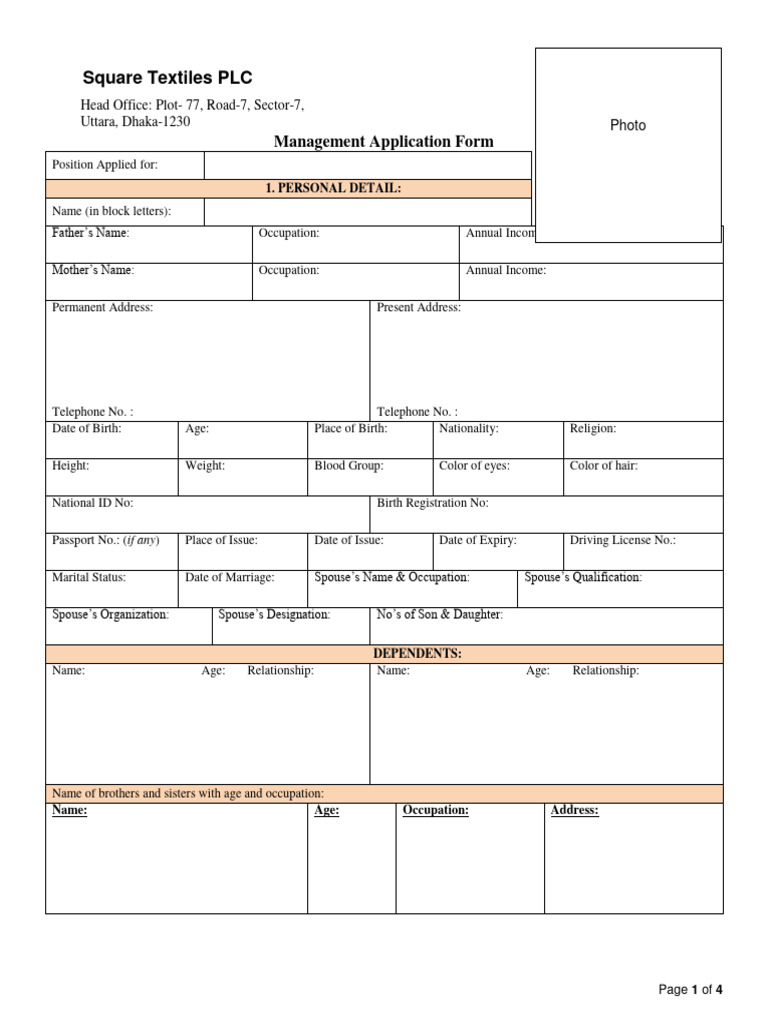 Square Textiles Job Application Form | PDF | Marriage