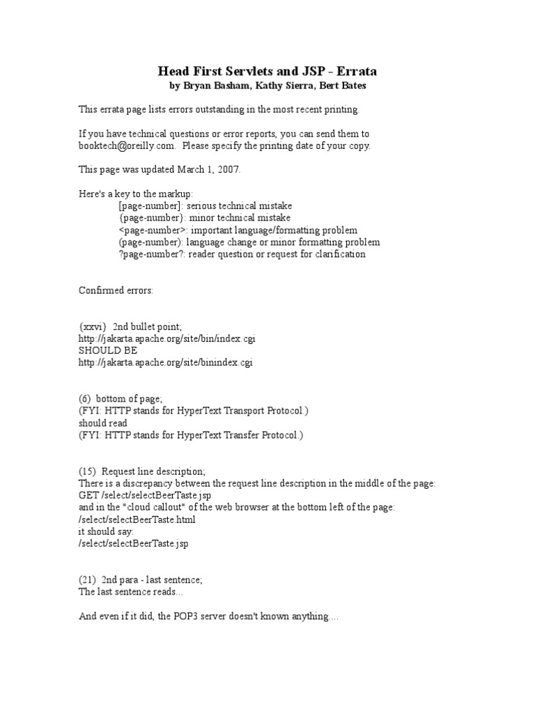 ERRATA in Head First Servlets and JSP | PDF