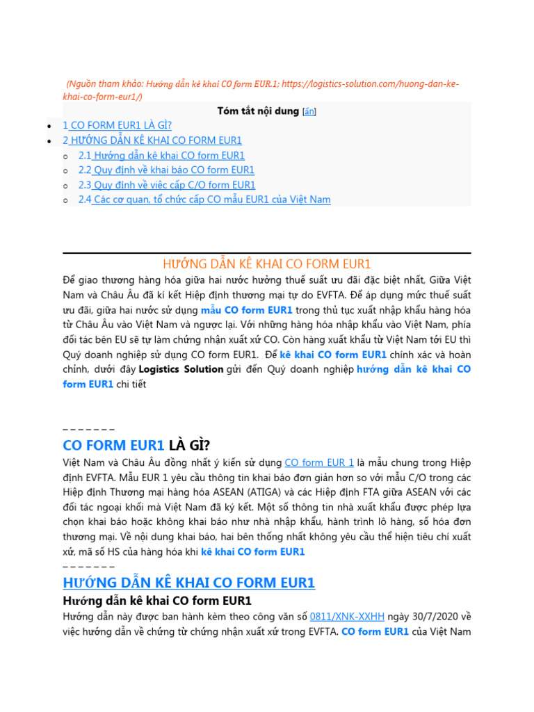 Hướng Dẫn Khai CO Form EUR.1 | PDF
