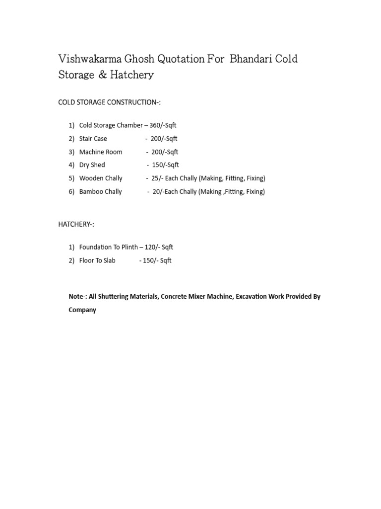 Quotation For Cold Storage & Hatchery | PDF