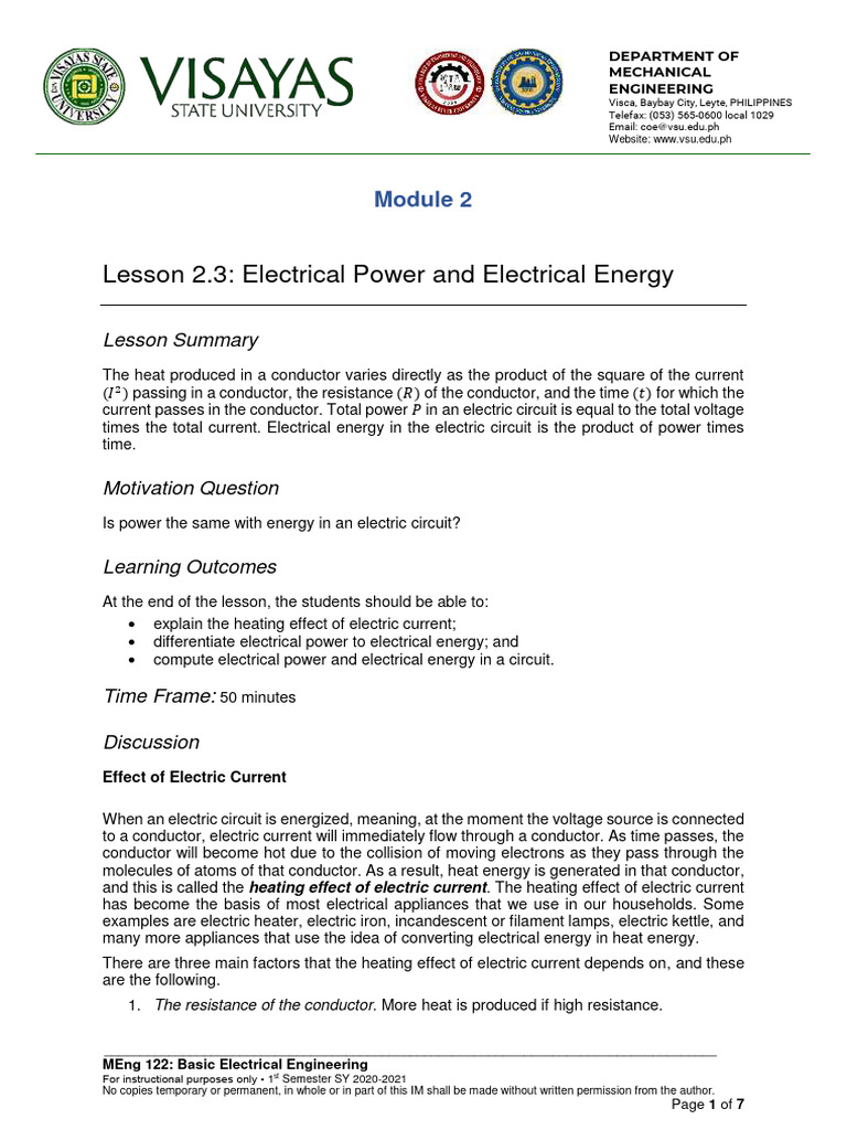 Lesson 2.3 Power and Energy | PDF