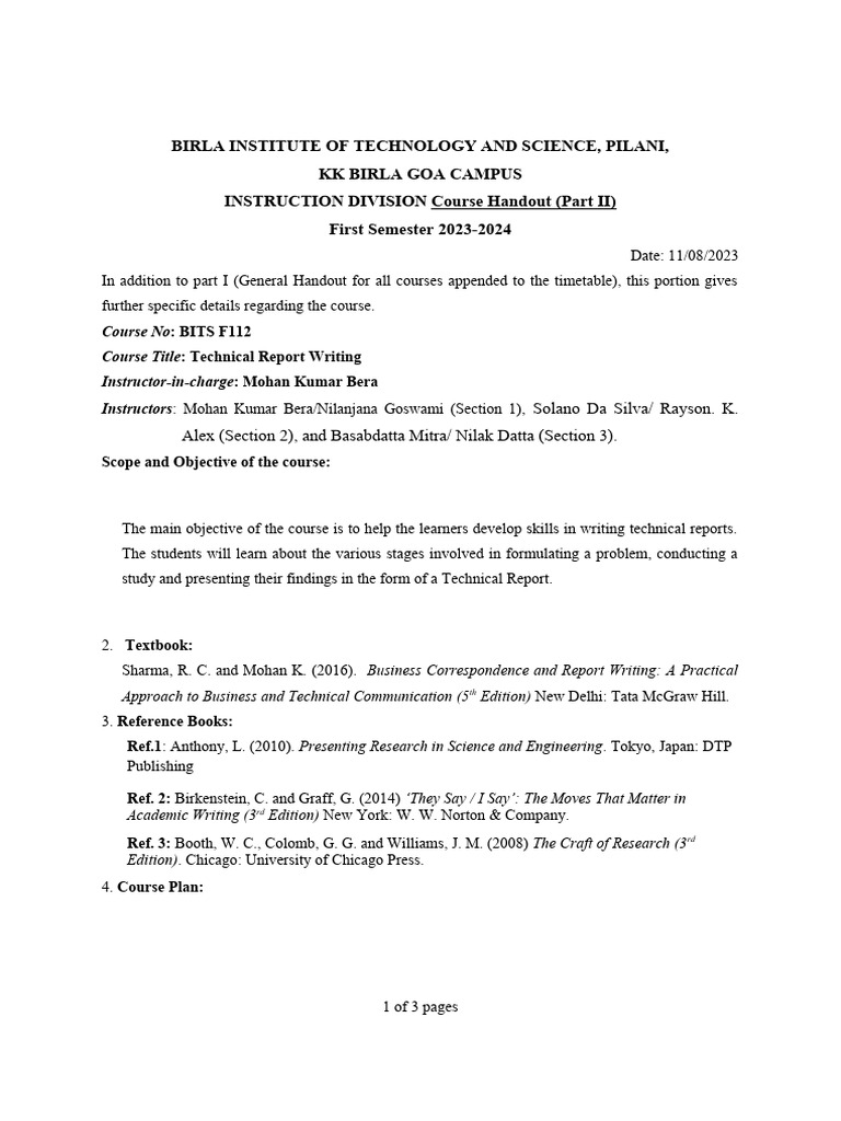 REVISED AUG 23 BITS F112 HANDOUT - Updated 2 | PDF | Books | Textbook