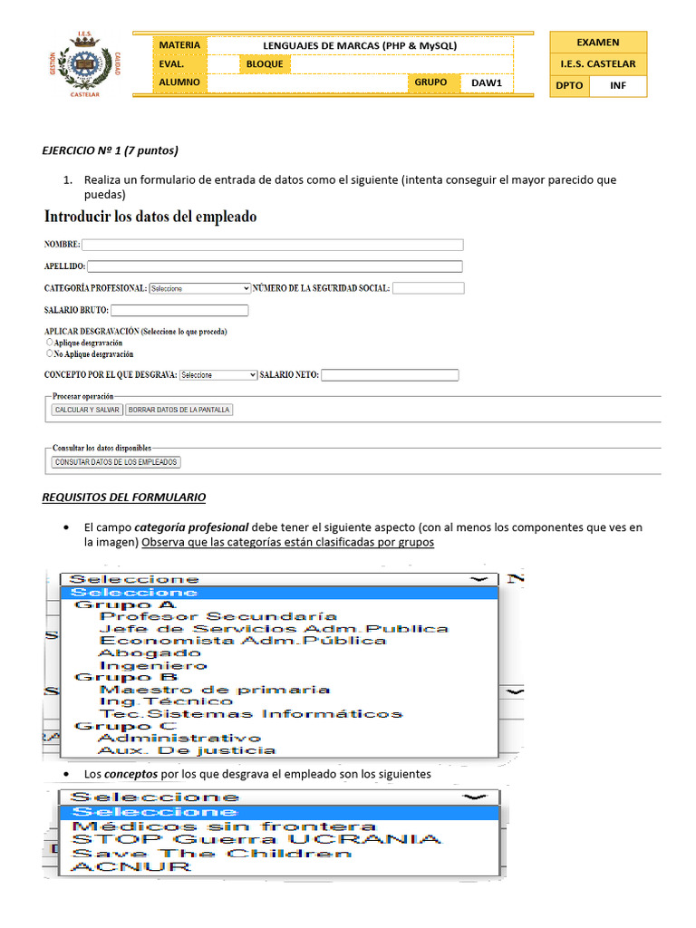 Examen PHP & MySQL DAW1 | PDF | Bases de datos | Php