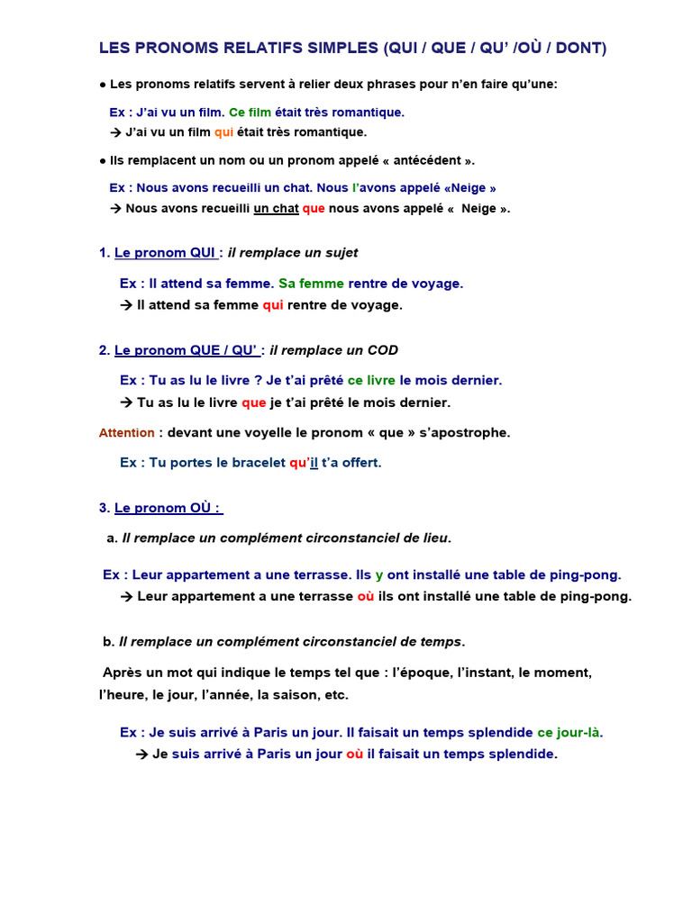Les pronoms relatifs simples expliqués | PDF | Études des langues ...