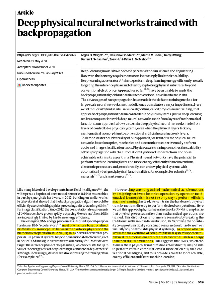 Deep Physical Neural Networks Trained With Backpropagation. Nature 2022, P L Mcmohan | PDF ...