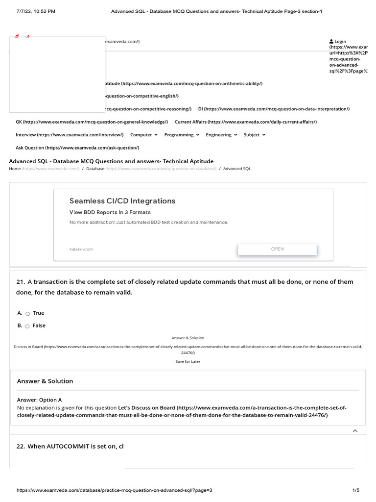 Advanced SQL - Database MCQ Questions and Answers - Technical Aptitude ...