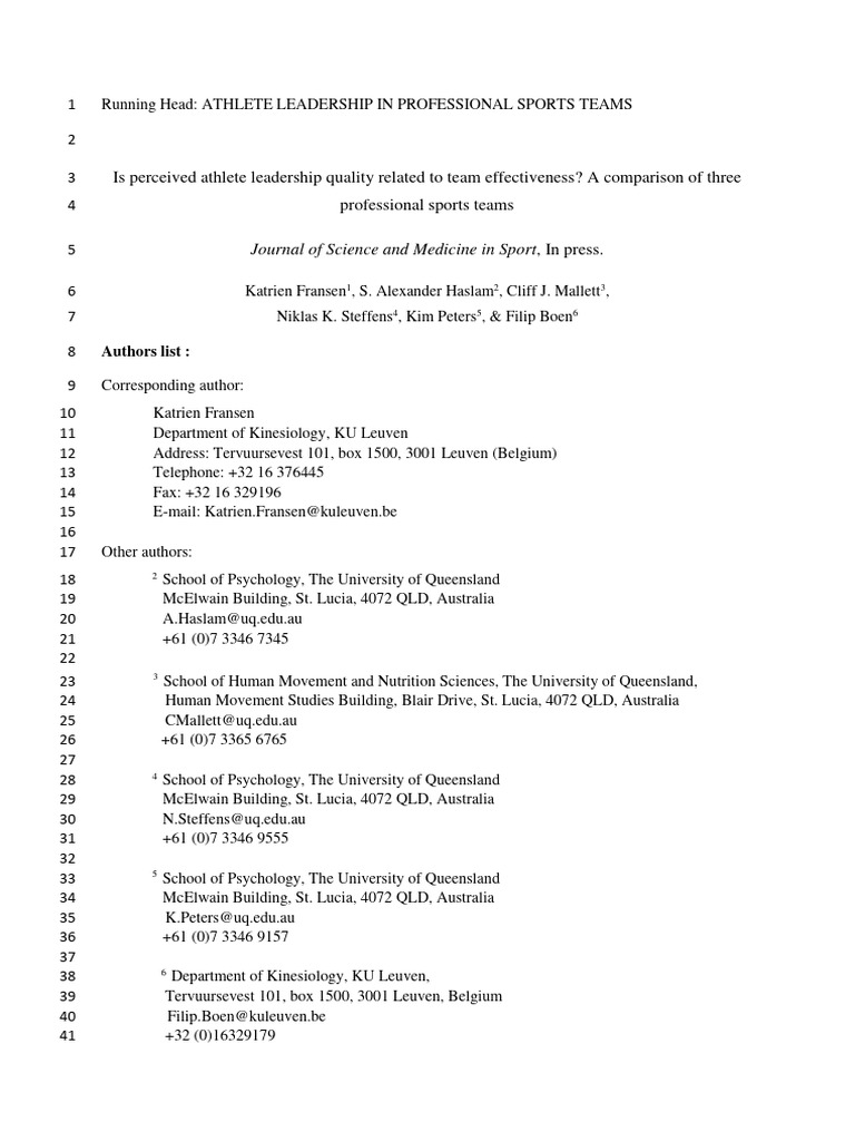 Manuscript - Athlete Leadership in Professional Sports Teams | PDF