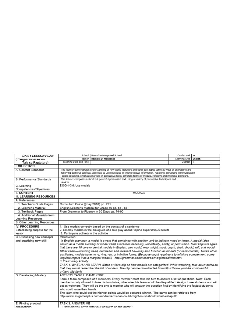 1st Q.en 10 Modals | Download Free PDF | English Language | Learning