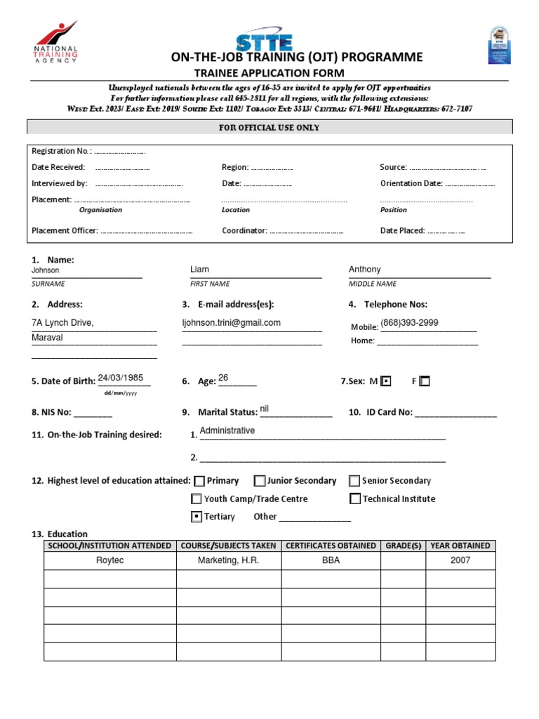 OJT Trainee Application Form | PDF