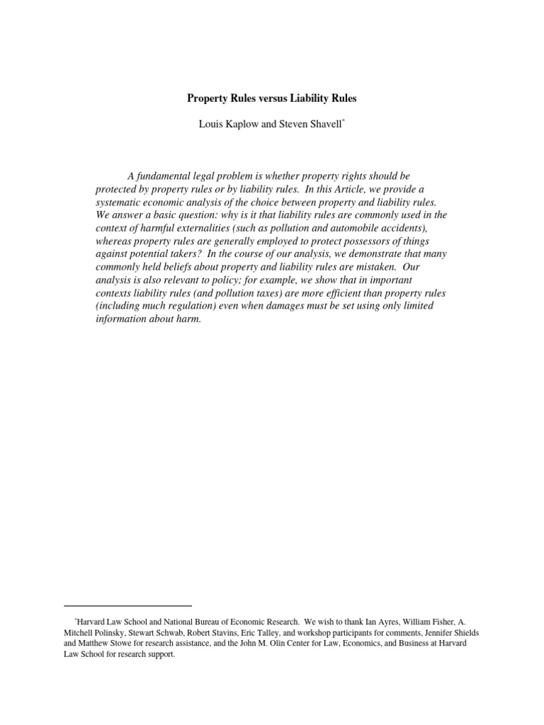 Kaplow & Shavell - Property Rules Versus Liability Rules | PDF