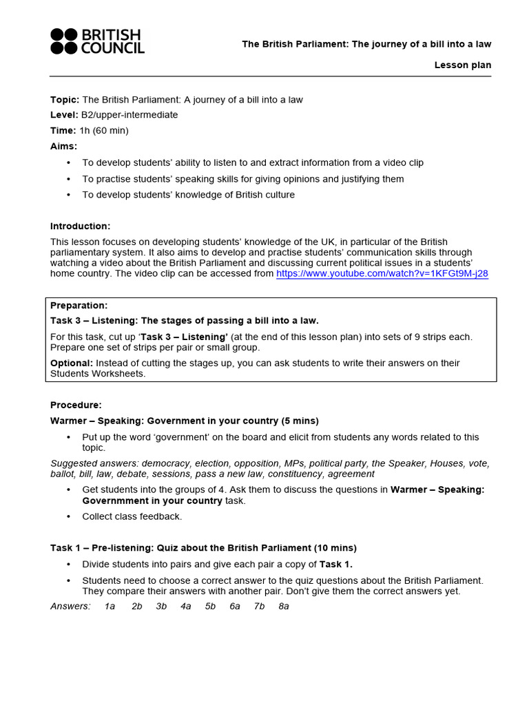 The British Parliament. The Journey of A Bill Into A Law Lesson Plan 1 ...