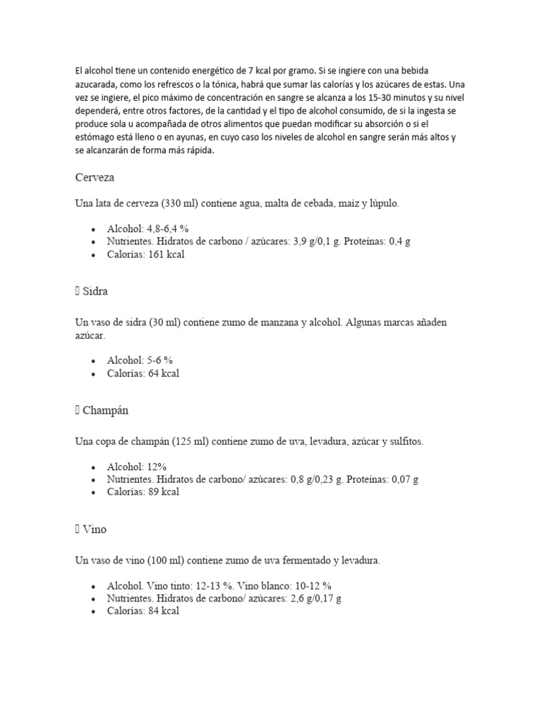 El alcohol tiene un contenido energético de 7 kcal por gramo | PDF ...