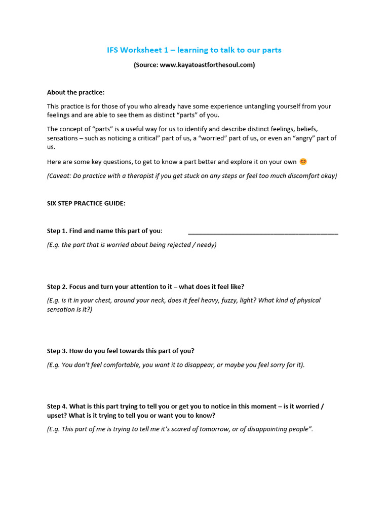 IFS Worksheet 1 - Learning To Talk To Our Parts | PDF