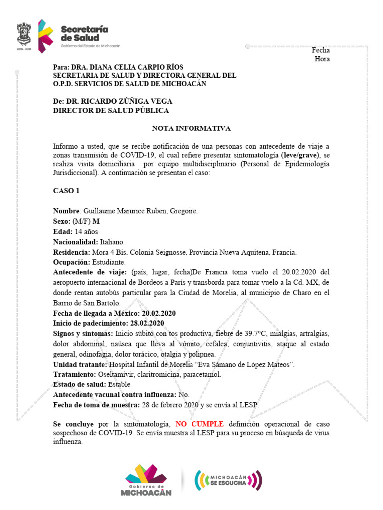 Nota Informativa Notificacion Inmediata Covid | PDF | Influenza ...