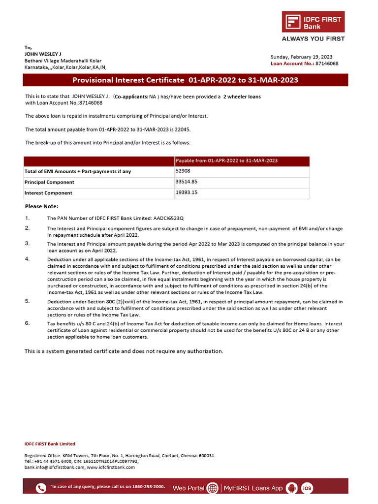 Provisional Interest Certificate - 202415411 | PDF | Loans | Interest