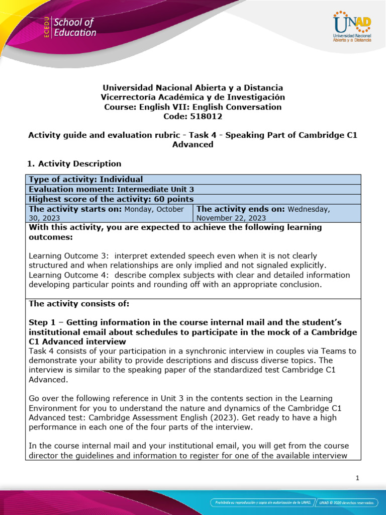 Activity Guide and Evaluation Rubric - Unit 3 - Task 4 - Speaking Part ...